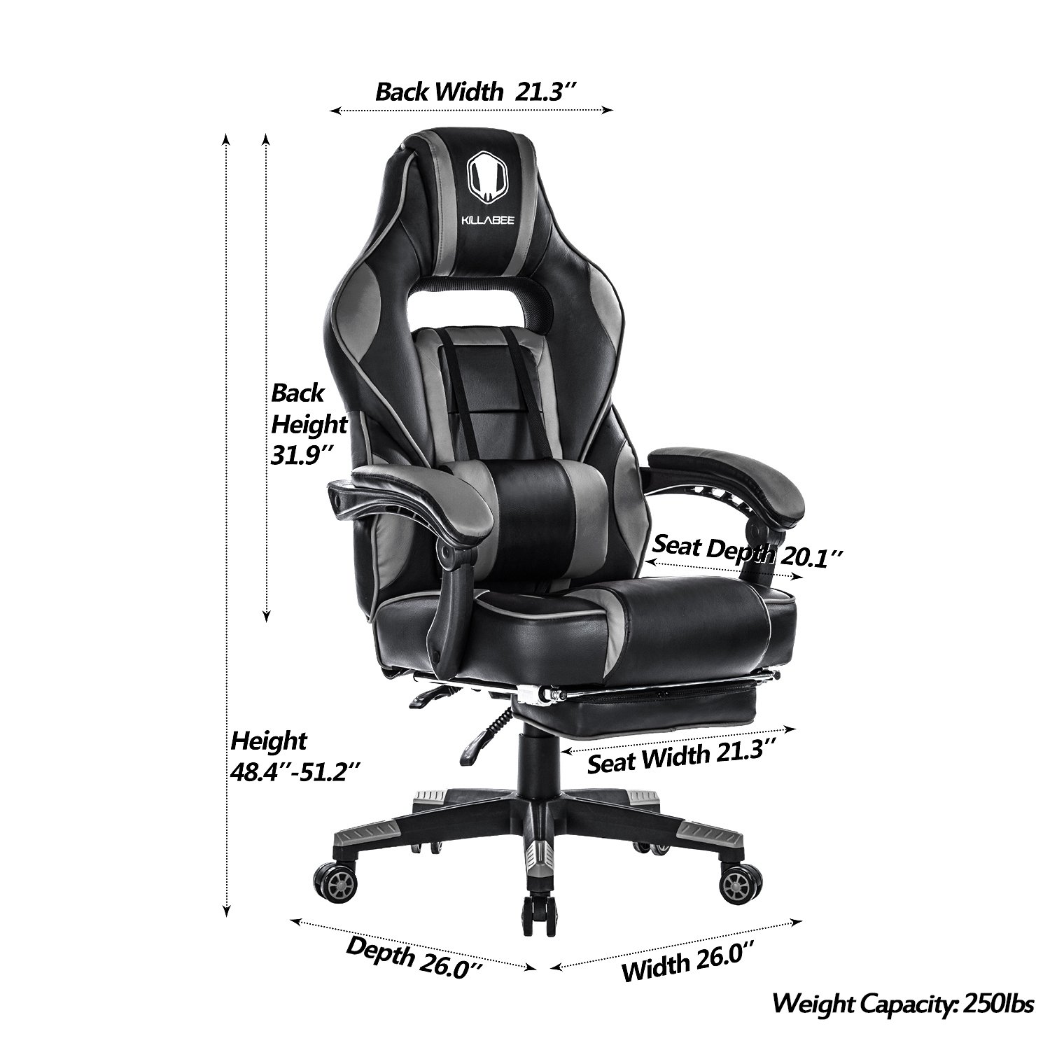 KILLABEE Massage Gaming Chair High Back PU Leather PC Racing Computer Desk Office Swivel Recliner with Retractable Footrest and Adjustable Lumbar Support, Gray/Black