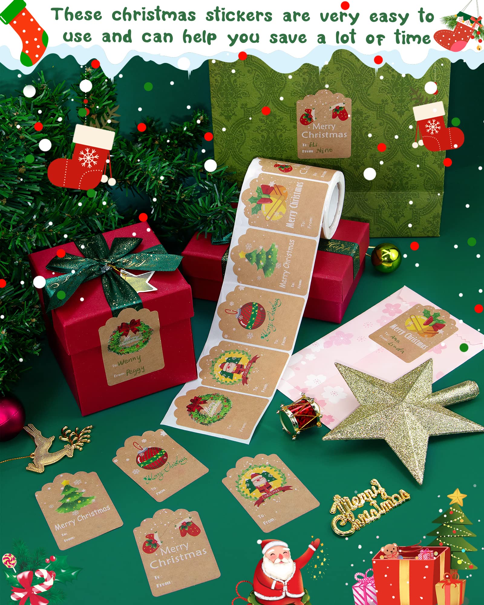 Christmas Gift Tag Stickers Christmas Gifts Name Tags Merry Christmas Tag Stickers 200 Pieces Kraft Self Adhesive Labels Xmas Gift Stickers Holiday Tag