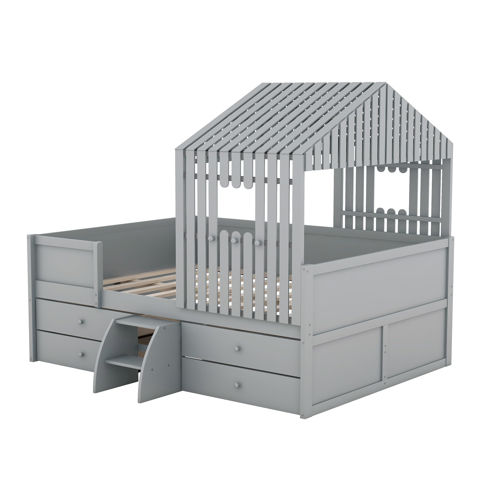 Harper & Bright Designs Full Size House Bed for Kids, Full Size Platform Bed with Storage Drawers and Roof, Hardwood Low Loft Bed Frame for Girls Boys (Gray)