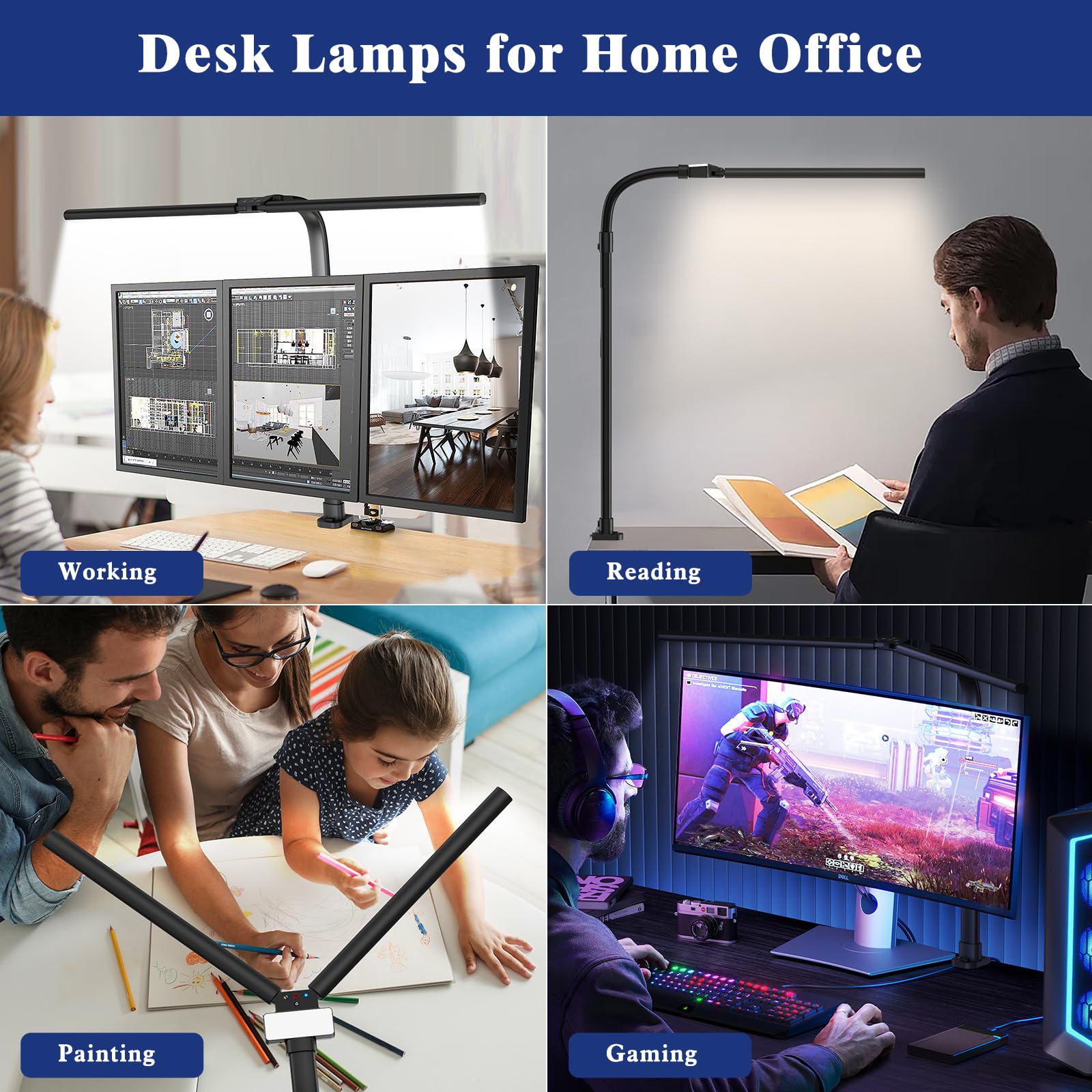 CJJFACA Desk Lamp for Home Office, 24W LED Desk Lamp with Clamp - 25 Lighting Modes Dimming Workbench Light with Flexible Gooseneck, Eye Protection Modern Desk Lamp for Reading Study Monitor Drafting