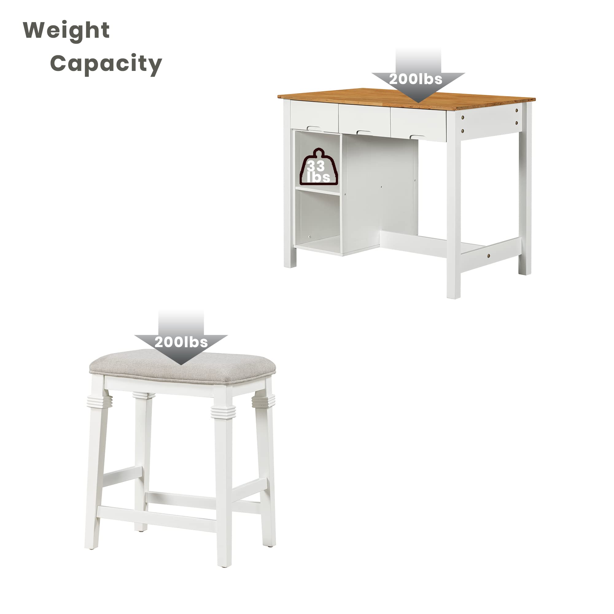 Bellemave 3 Piece Kitchen Island with Seating for 2 Counter Height Dining Table Set with Storage Farmhouse Wood Bar Table with Stools Small Breakfast Dinner Table and Chairs, White