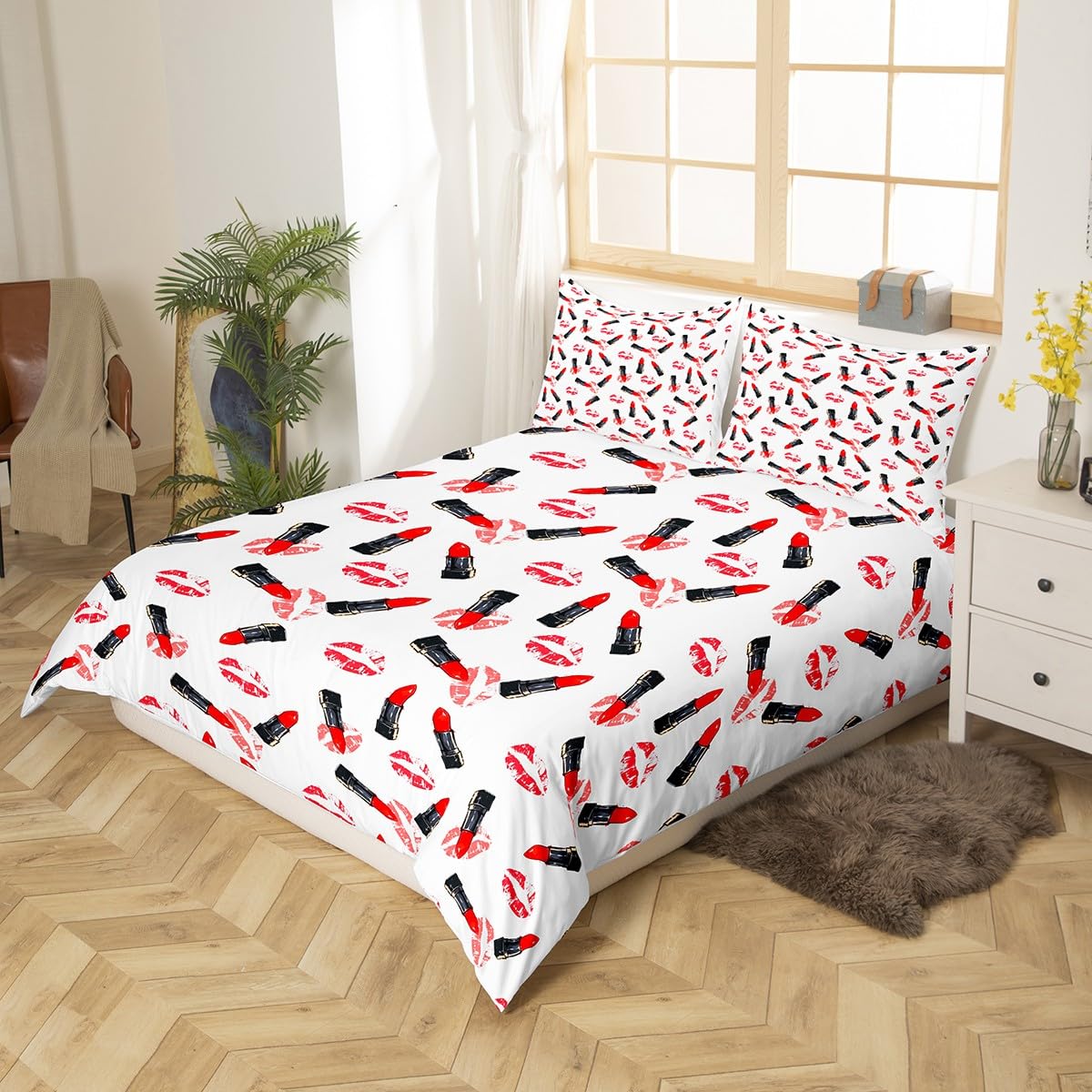 Feelyou Kiss Duvet Cover Set Queen Size, Feminine Red Lips Comforter Cover Set, Lipstick Print Decor Sexy Mouth Makeup Pattern Bedding Set, Bedding Collection Burgundy Pink Bedspread Cover
