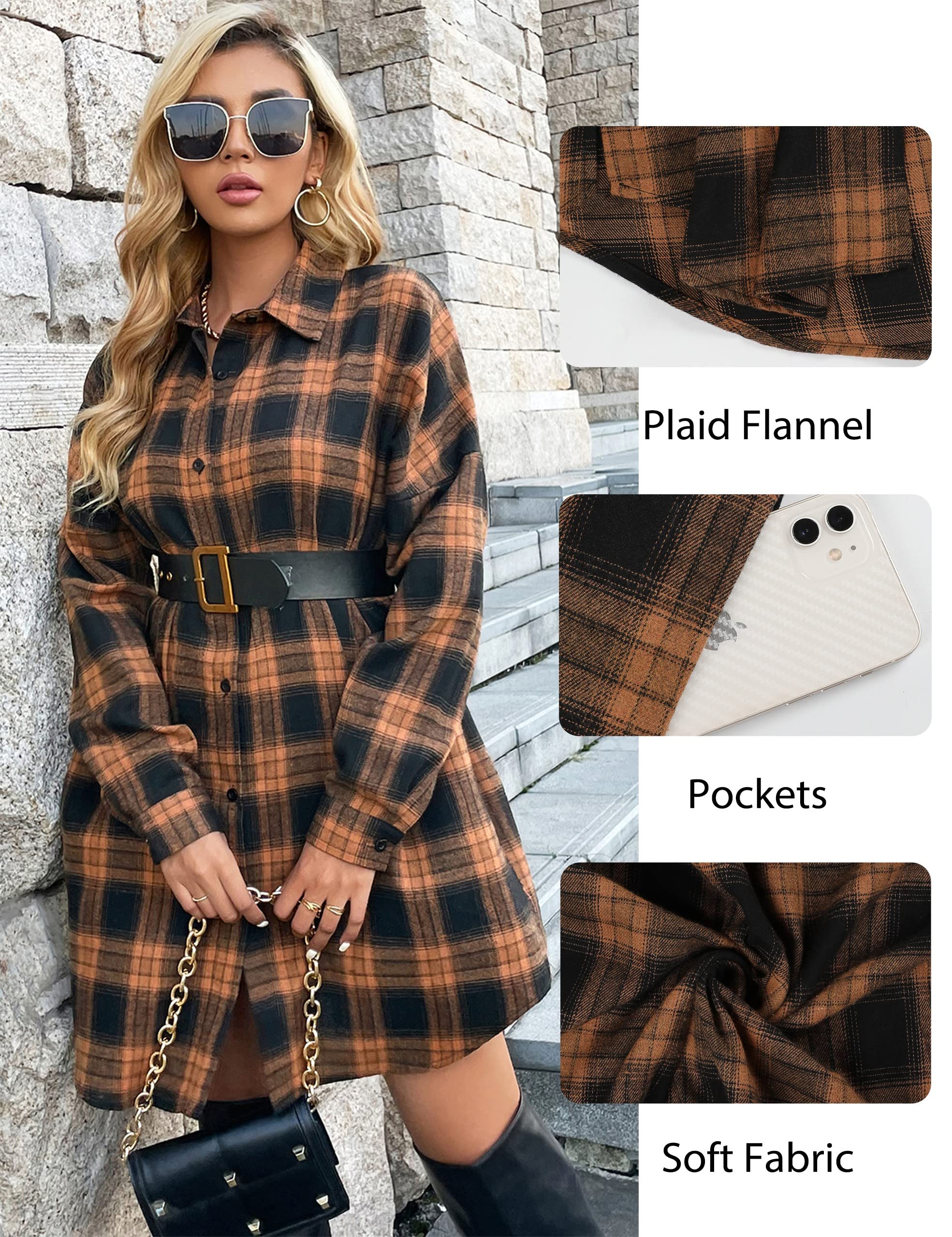 BMJL Womens Button Down Flannel Shirts Oversized Buffalo Plaid Shacket Long Sleeve Shirt Dress Long Jacket Coat Fall Tops fashion 2023(Brown, M)
