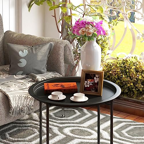 FSTAR Small Round Side End Table, Small Round Nightstand, Portable Folding Metal Accent Table Next to Couches/Sofas, or Against a Wall (Black, 1PCS)