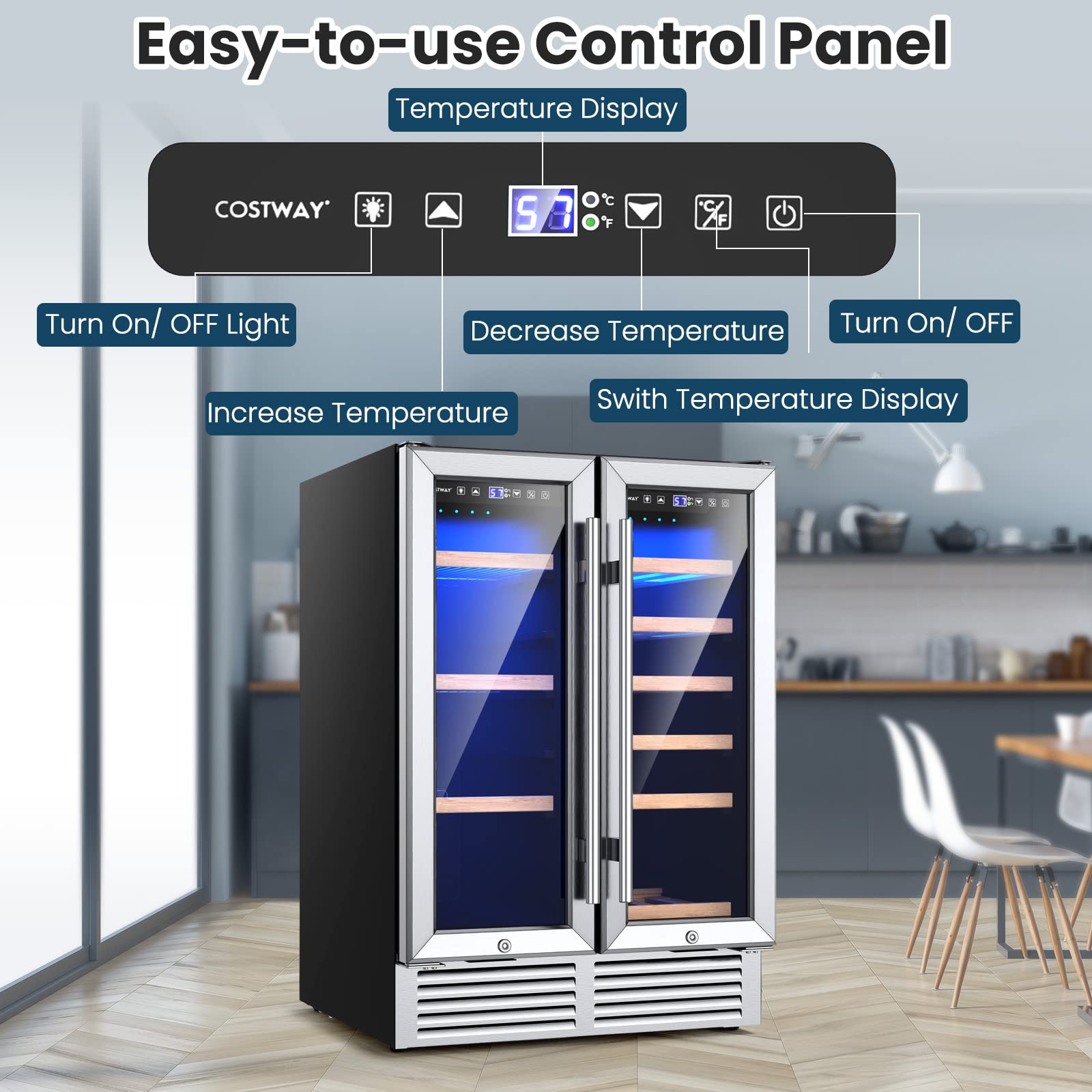 COSTWAY 24 Inch Wine and Beverage Refrigerator, Dual Zone 19 Bottles and 57 Cans Wine Cooler, Under Counter Wine Fridge with Lock, Built-In Freestanding Beverage Fridge for Beer Soda Drink