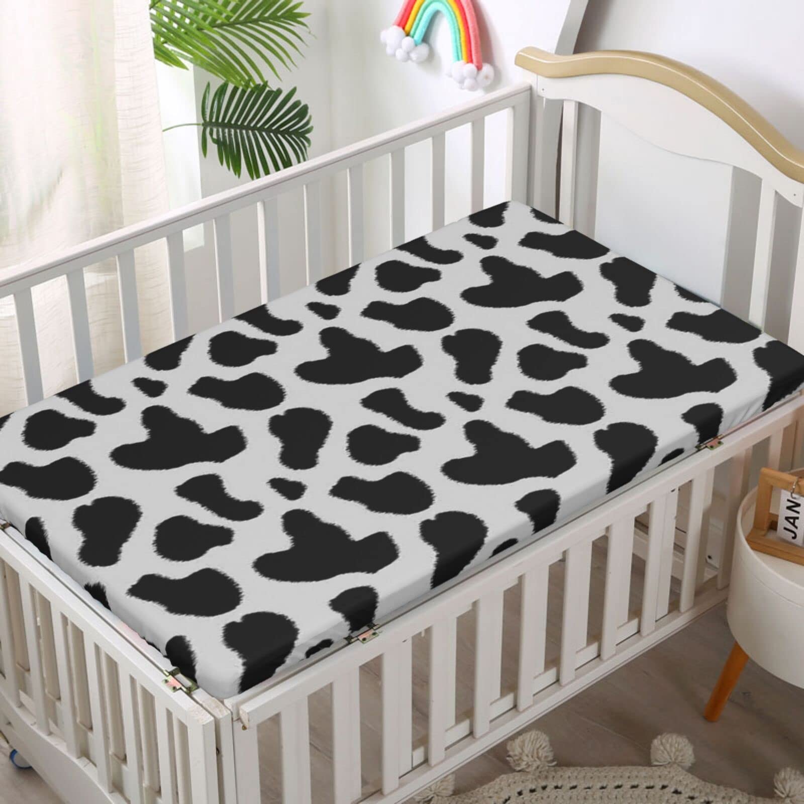 Cow Print Themed Fitted Mini Crib Sheets,Portable Mini Crib Sheets Soft & Stretchy Fitted Crib Sheet -Great for Boy or Girl Room or Nursery,38β x24β,Charcoal Grey White
