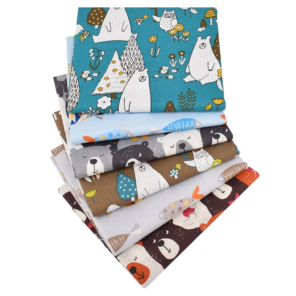 Hanjunzhao Zoo Animals Fat Quarters Fabric Bundles, Bear Fish Print Precut Sewing Quilting Fabric,18" x 22"(Multi)
