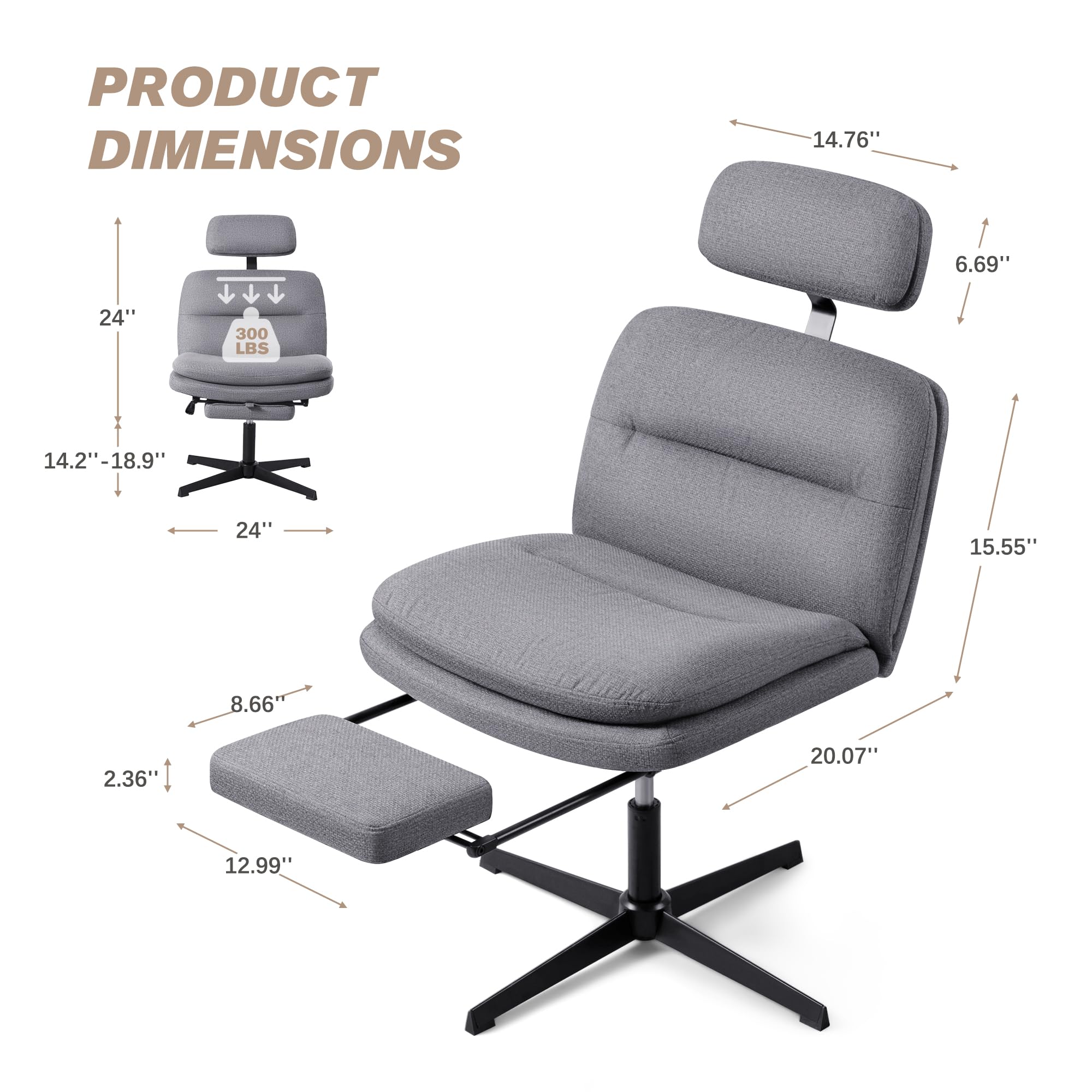 Flamaker Desk Chair Comfy with Footrest & Headrest, Criss Cross Legged Office Chairs No Wheels, Fabric Modern Armless Swivel Adjustable Vanity Chair