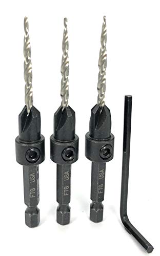 FTG USA Countersink Drill Bit Set 3 Pc #6 (9/64") Wood Countersink Drill Bit Pack Same Size Set Countersink HSS M2 Tapered Countersink Bit, with 1 Hex Wrench, Woodworking Countersink Drill Bits