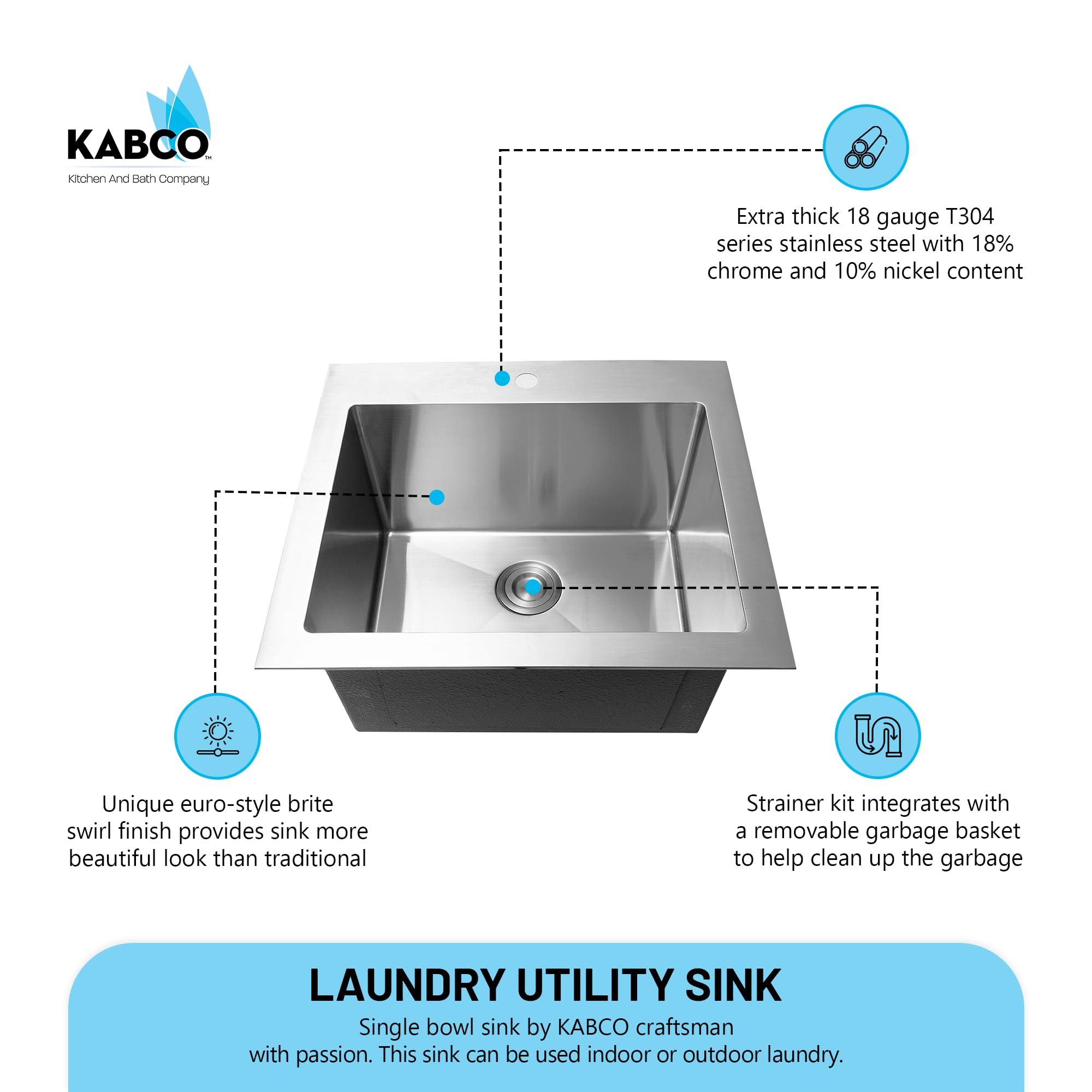 KABCO Single Bowl Undermount Stainless Steel Kitchen Sink, Rust Resistant Sound and Heatproof Laser Cut, Sink for Indoor or Outdoor Kitchens (Laundry Sinks)
