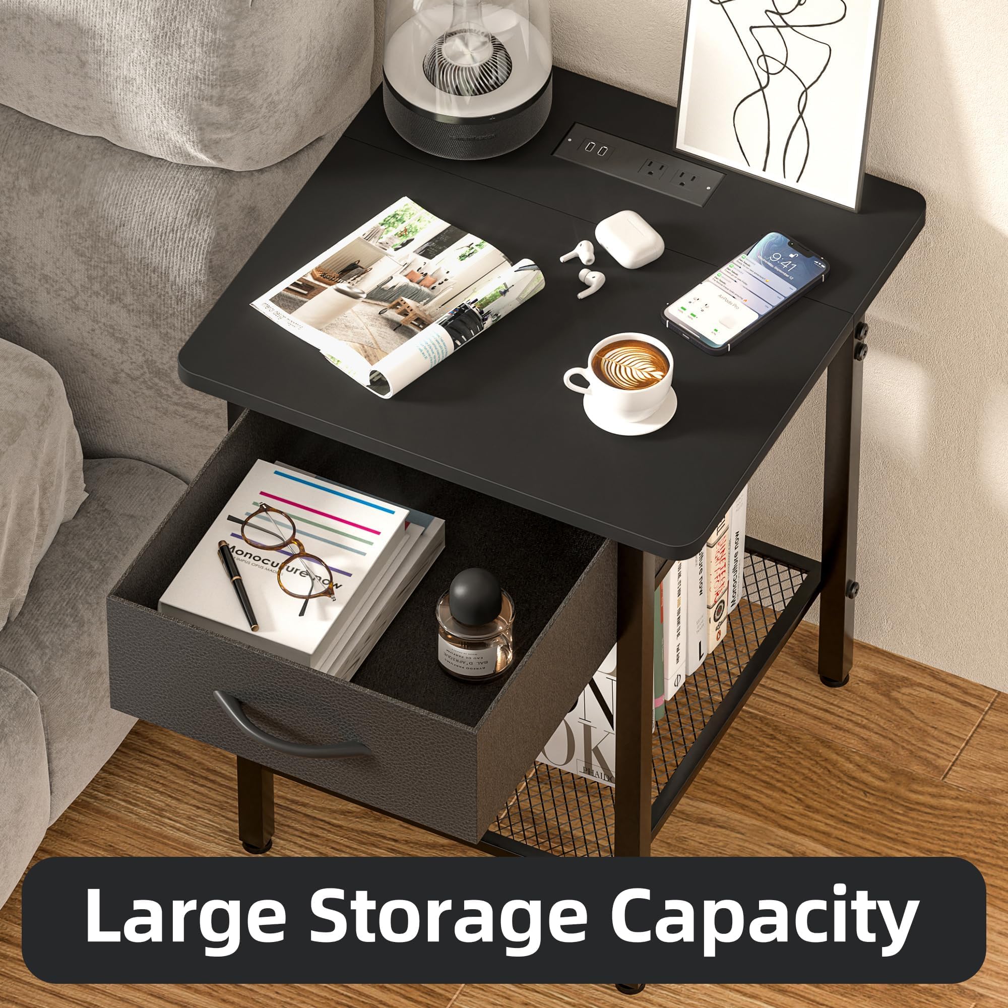 GYIIYUO Nightstands Set of 2 with Charging Station and Fabric Storage Drawer,16.5" x 15.8" Side Table with Storage for Bedroom, Bedside Tables with Steel Fram, Black