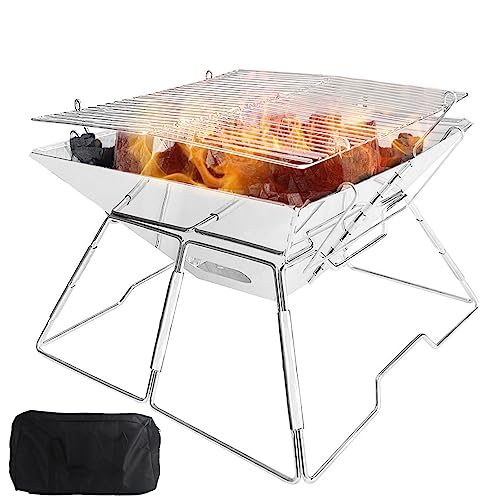 Foxtell Folding Campfire Grill with Carrying Bag, 304 Stainless Steel Grate Barbeque Grill, Portable Camping Grill with Legs for Outdoor Picnics, Backpacking