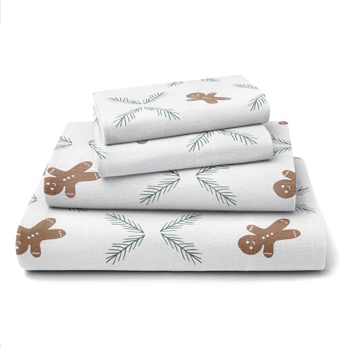 Flannel Christmas Sheets - 100% Cotton Flannel Sheets - Queen Size Sheet Set - Extra Soft & Cozy - Thick Warm Heavyweight Winter Sheets - Gingerbread Deep Pocket Holiday Sheets for Women, Men & Kids