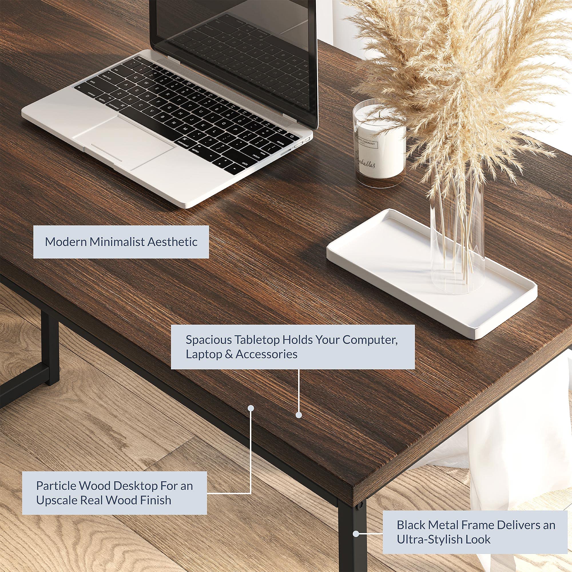 BELLEZE Modern 47 Inch Home Office Computer Laptop Writing Desk or Study Table Workstation with Simple Design, Wood Top, and Black Metal Frame - Barton (Dark Walnut)