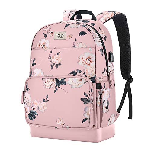 MOSISO 15.6-16 inch Laptop Backpack for Women, Polyester Anti-Theft Stylish Casual Daypack Bag with Luggage Strap & USB Charging Port, Camellia Travel Backpack, Pink