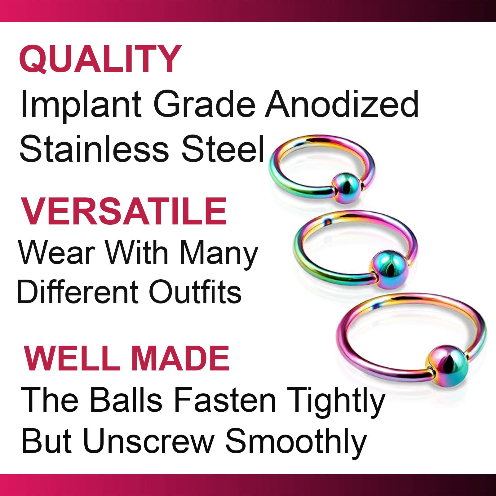 bodyjewellery 6pcs 16g Captive Bead Ring Hoop Cartilage Lip Nose Tragus Eyebrow Septum Conch Triple Forward Helix Rainbow BCR 5/16 3/8 1/2