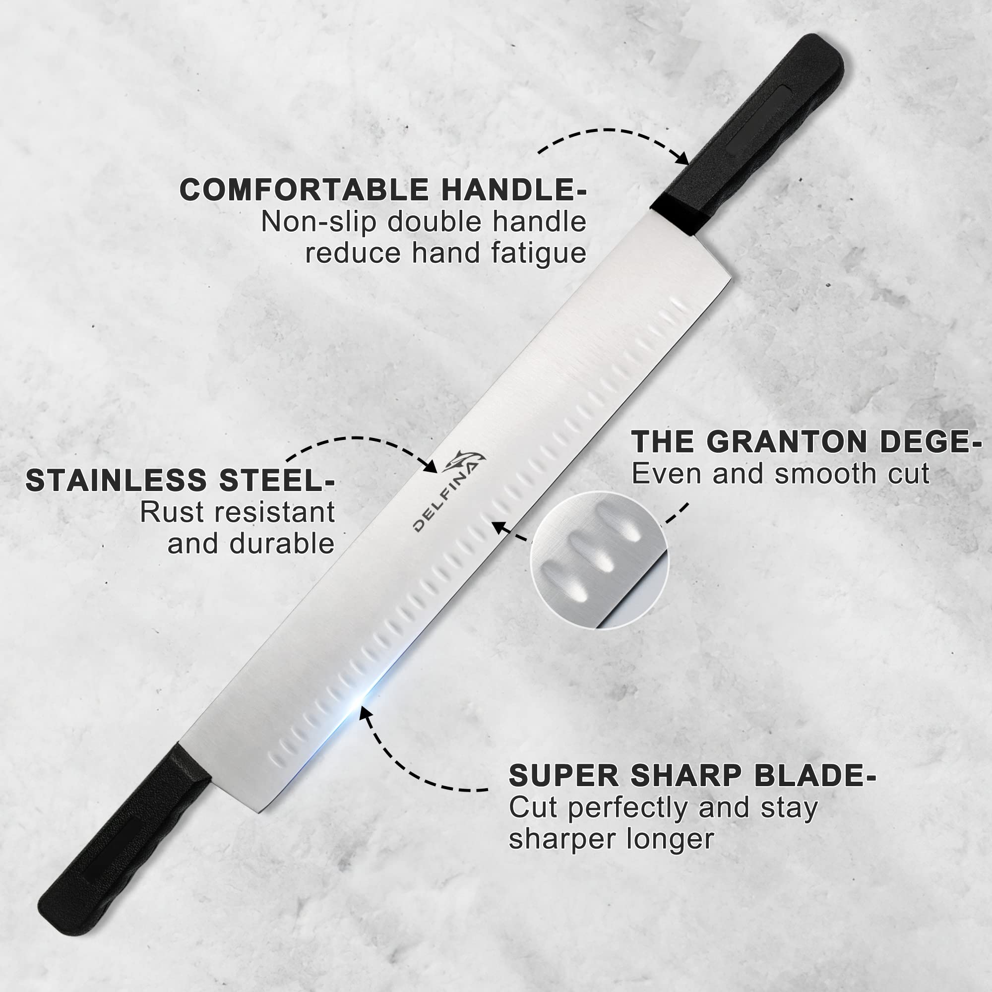 DELFINA 15 Inch Double Handle Cheese Knife with Blade Protector, Stomatal Blade with 5" Plastic Comfortable Handles, Cheese Knife for Cheese,Cakes,Vegetables,Butter,Soaps