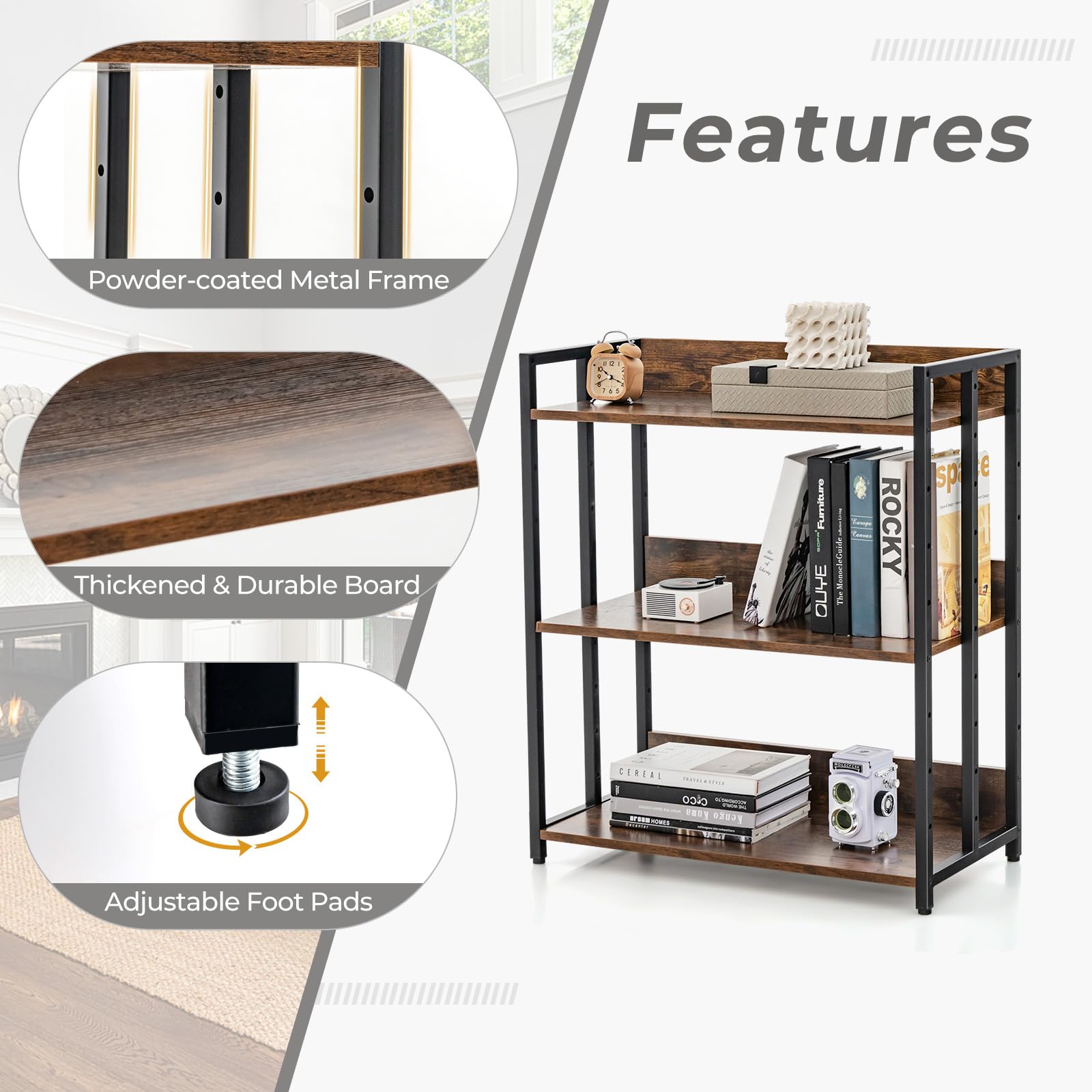 Giantex 3-Tier Bookshelf, Industrial 32" Tall Small Book Shelf with Adjustable Shelves, Adjustable Foot Pads, Anti-Toppling Device, DIY Wooden Floor Open Display Shelving, Bookcase Shelf Rack