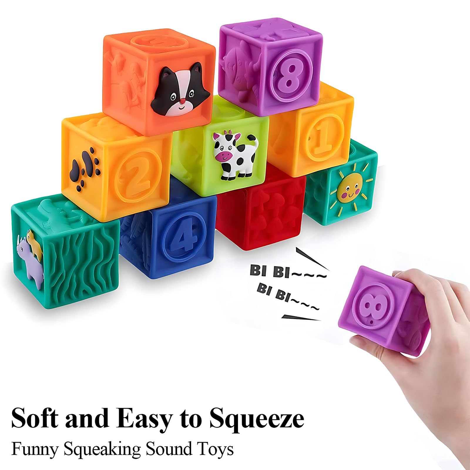 Kingtree Baby Blocks, 9PCS Soft Squeeze Building Blocks Stacking Toys for 6+ Months Babies, Baby Teething Chewing Educational Blocks Set with Numbers Animals Shapes Textures