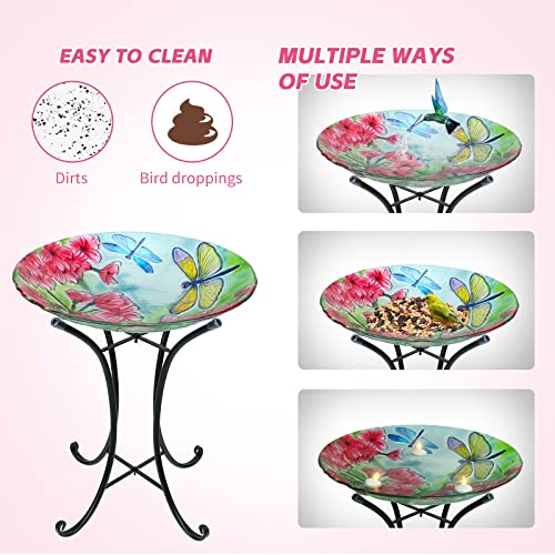 Glass Bird Baths for Outdoors, Outside Birdbaths Garden Bird Feeder with Metal Stand for Garden Patio Lawn Yard Decor 17.7" Dia 20.8β Height Dragonfly