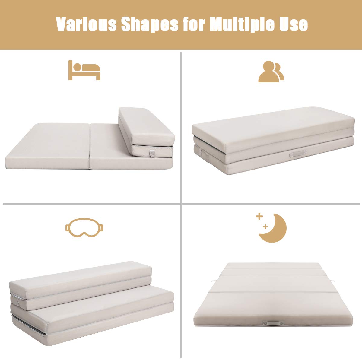 Giantex 4" Thick Folding Portable Mattress Pad Sofa Bed with Carrying Handles and Removable Washable Fabric, High-Density Foam Futon Sleepover Guest Easy to Store (Twin XL, Gray)