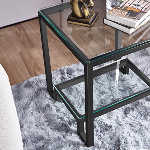 Glass End Table Square,Modern Glass Side Table with 2 Tier Shelf Coffee Table,Black Metal Frame Glass Top Table for Living Room,Balcony,Bedroom