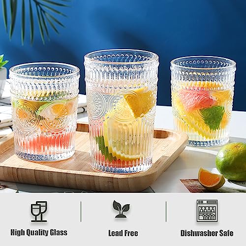 Vintage Drinking Glasses, Romantic Drinking Glasses Set of 8, 4 Highball Glasses 13 oz and 4 Rocks Glasses 9 oz, Textured Striped Drinking Glasses, Vintage Glassware Set for Juice, Beverages, Cocktail