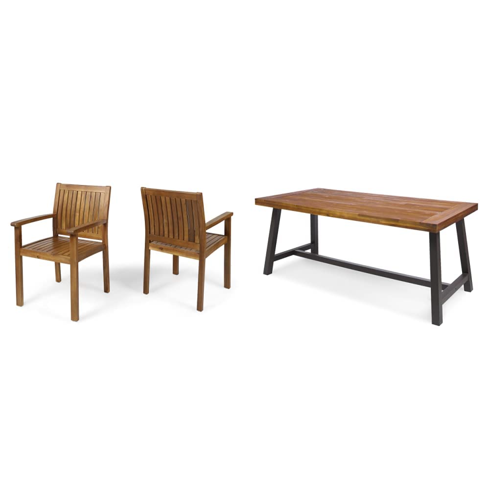 Christopher Knight Home Teague Outdoor Acacia Wood Dining Chairs (Set of 2) Carlisle Outdoor Dining Table with Iron Legs