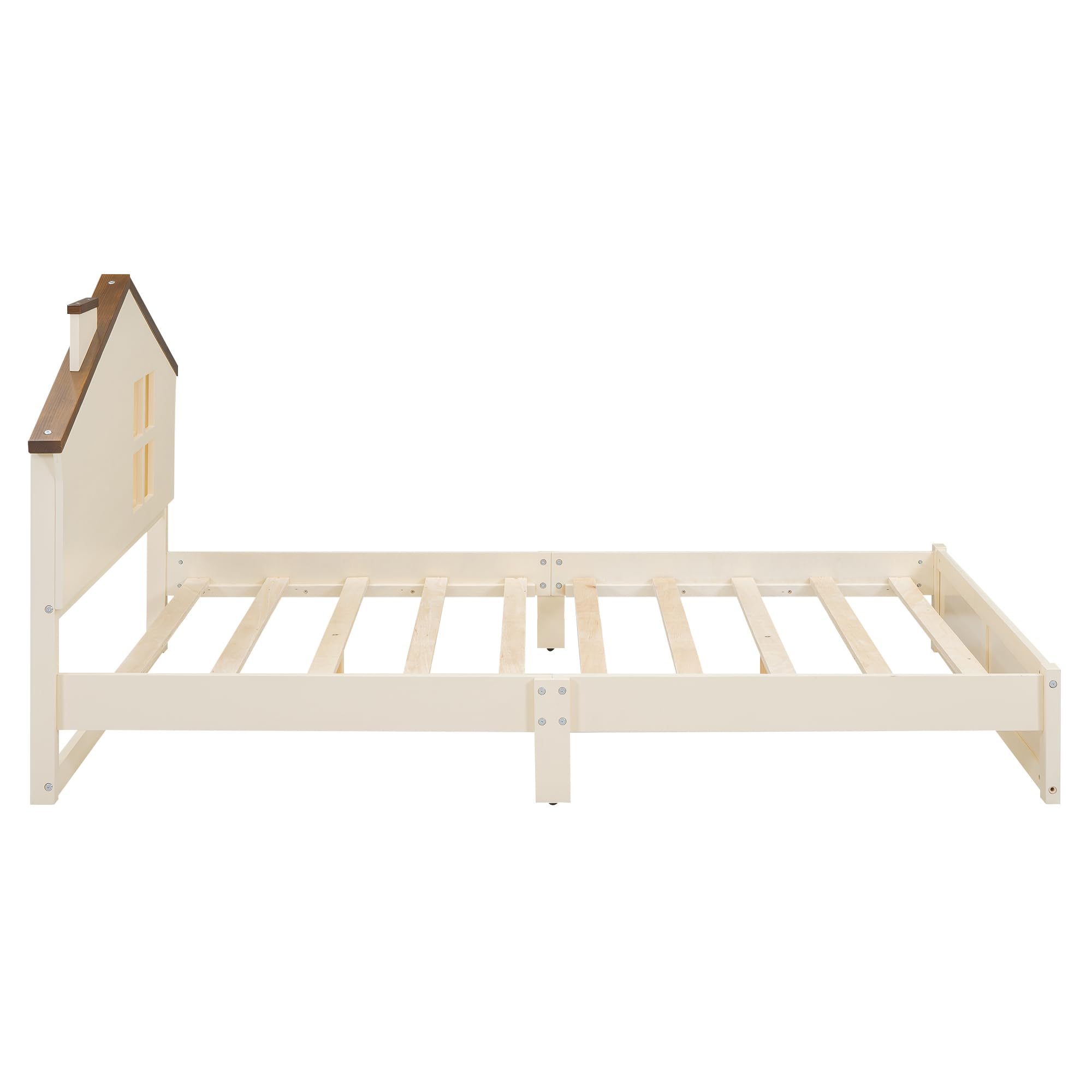 Harper & Bright Designs Full Size Bed Frame with House-Shaped Headboard, Wood Kids Platform Bed with Built-in LED, Cute Single Bed for Girls Boys, No Box Spring Needed (Full,Walnut+Milk White)
