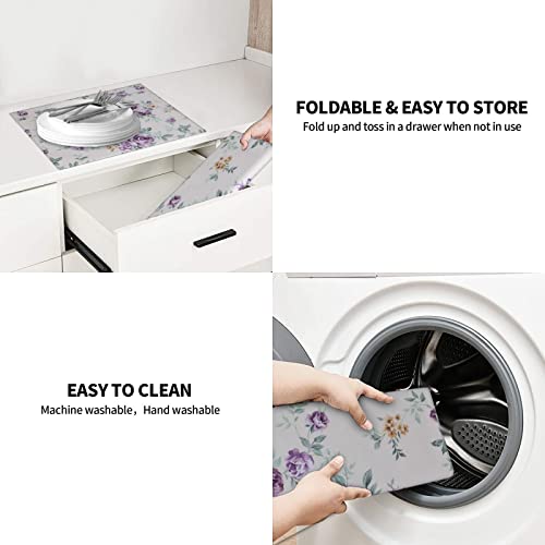 Purple Pink Flower Printed Drying Mat For Kitchen Ultra Absorbent Microfiber Dishes Drainer Mats Non-Slip Silicone Quick Dry Pad - 18 X 16inch