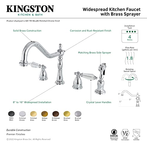 Kingston Brass KB1791WLLBS 8" to 16" Widespread Kitchen Faucet with Brass Sprayer, 8-1/4" in Spout Reach, Chrome