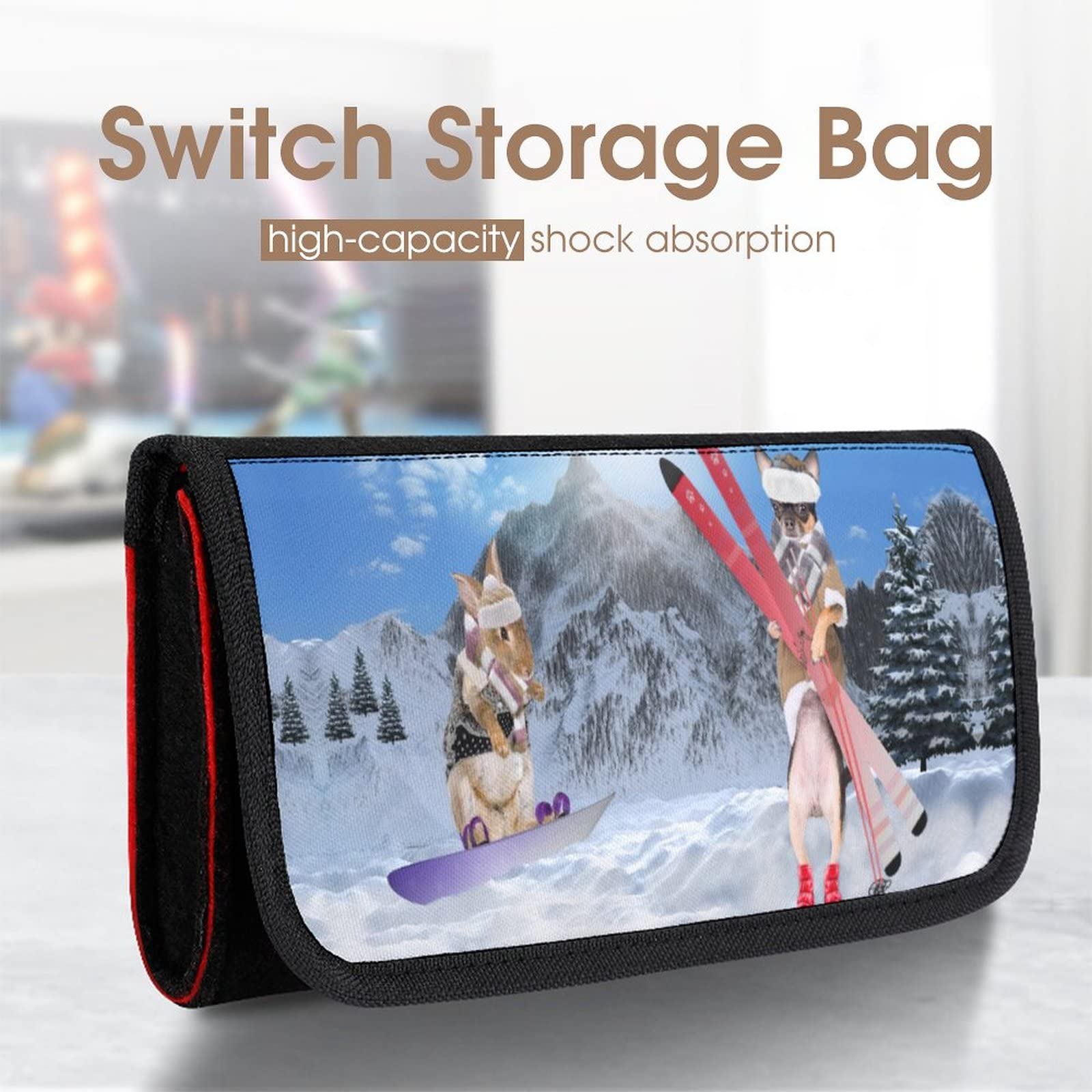 Cute Chihuahua and Bunny Ski Carrying Bag Compatible with Switch Protective Case Slim Felt Pouch with 5 Game Cartridges Holders