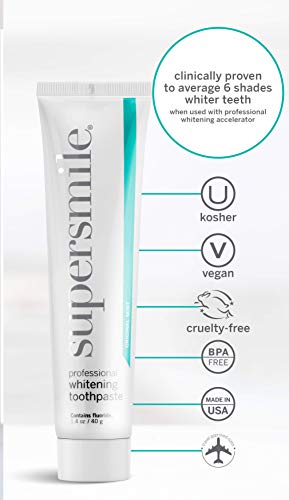 Supersmile Professional Teeth Whitening Toothpaste with Fluoride - Clinically Proven to Remove Stains & Whiten Teeth Up to 6 Shades - Enamel Strengthening - No Sensitivity (Original Mint, 1.4 Oz)