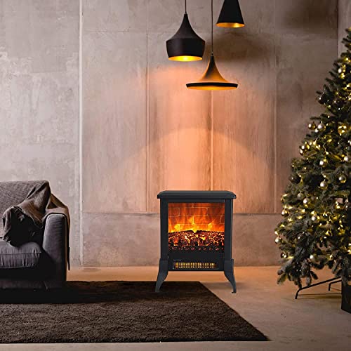 Freestanding Electric Fireplace Realistic Log Flame Stove 14" 1400W Overheating Safety Protection