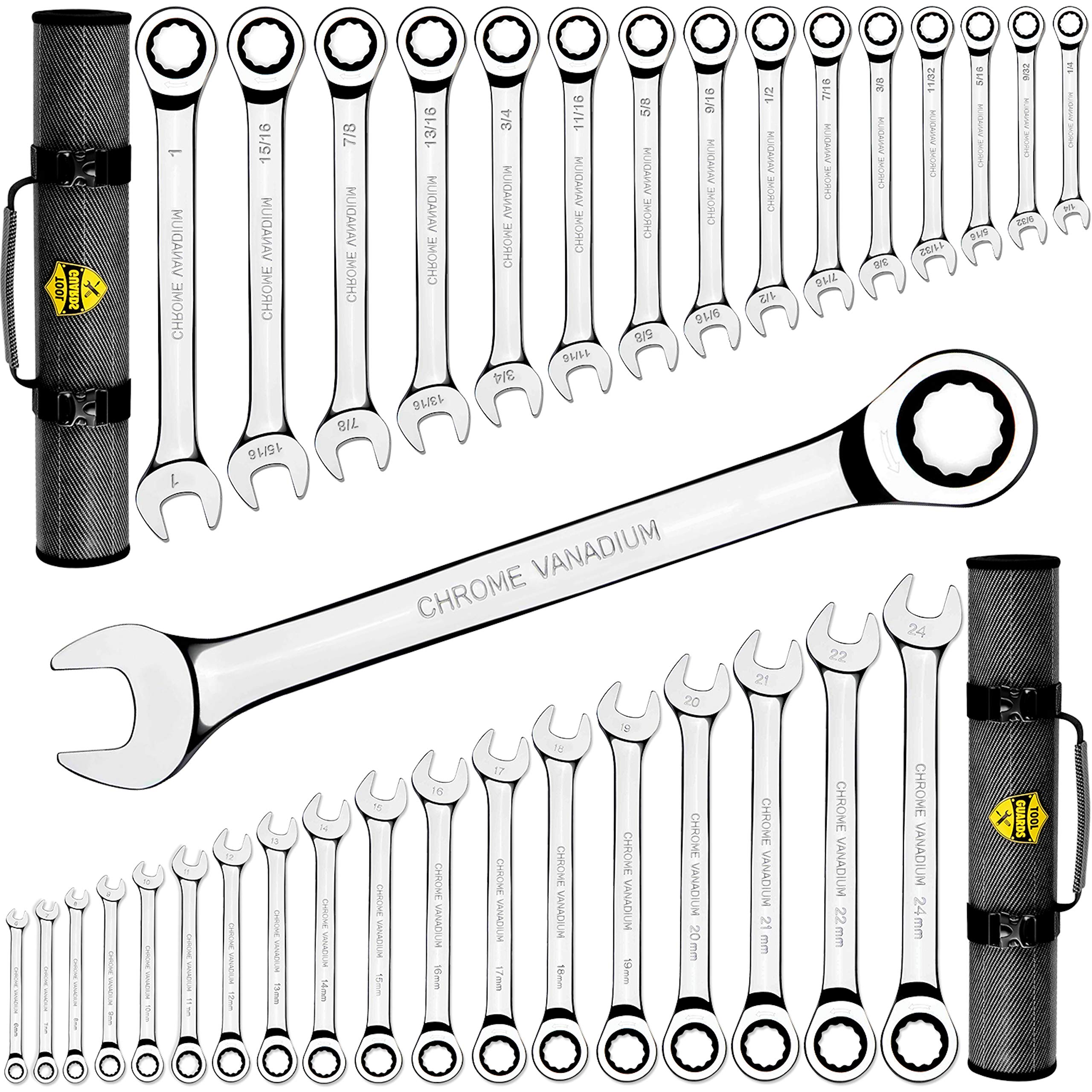 TOOLGUARDS Complete Ratcheting Wrench Set 33pcs - Metric and Standard - Combination Ratchet Wrench Set - 100% Lifetime Satisfaction Guarantee - Large