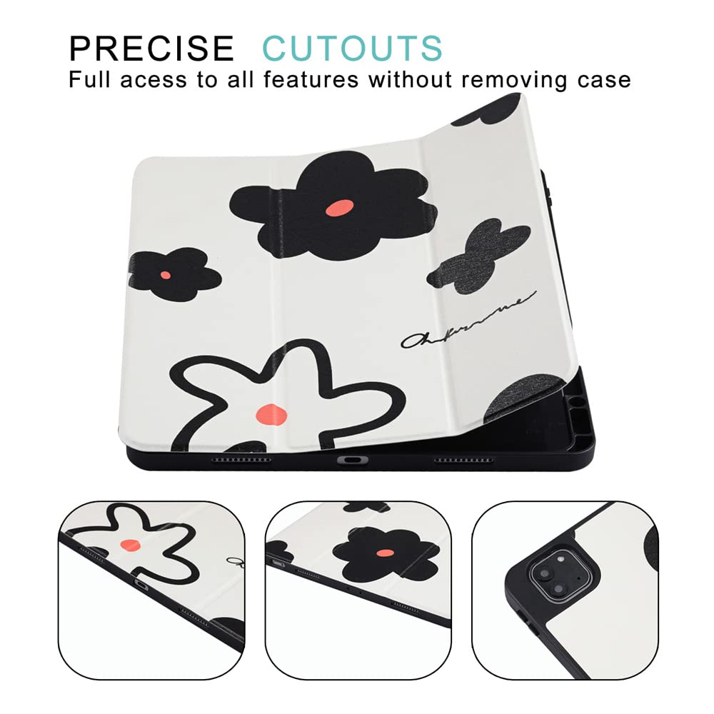 Cute Flower Protective Cover for Apple iPad Pro 12.9 inch with Pencil Holder Pocket for iPad Pro 12.9 Case 2022 2021 5th 2020 4th 3rd Gen Leather Silicone Cases for iPad Pro 12.9" - White and Black