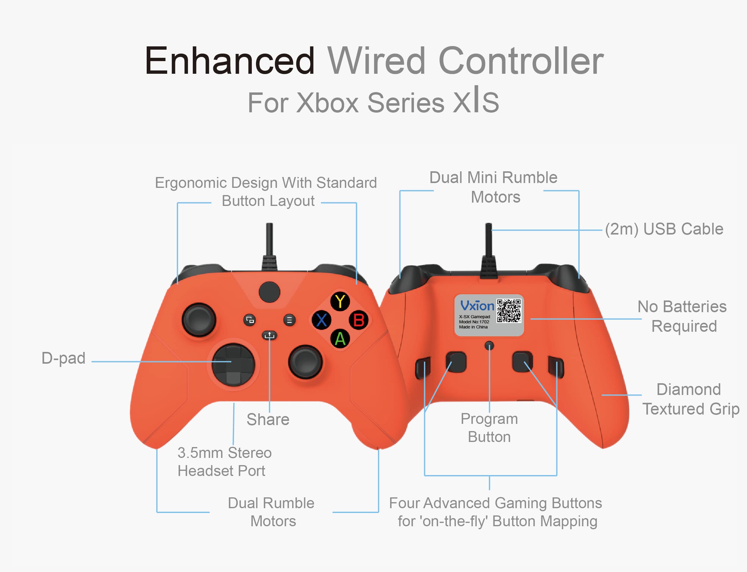 VISIONHMD Enhanced Wired Controller for Xbox Series X|S With 4 Remappable Buttons, 4 Motor Vibration sand 3.5mm Stereo Headset Jack, Compatible with Xbox One and PC/Laptop Windows7/8/10-Red