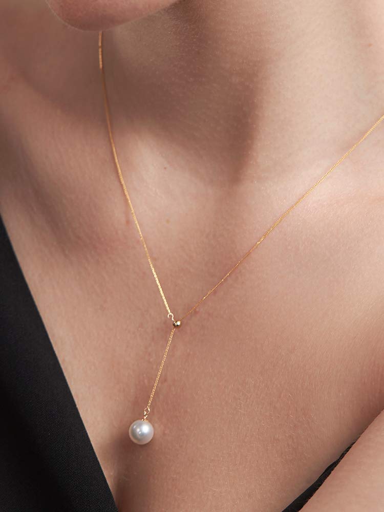 Cowlyn Y-Shaped Necklace 18K Gold Dainty Pearls Pendant Drop Long Chain Jewelry for Women