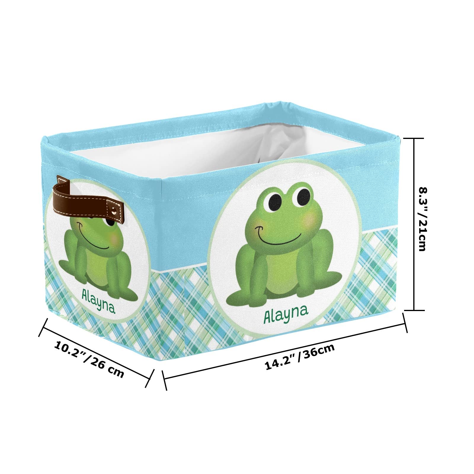 Cute Frog Green and Blue Plaid Personalized Storage Bins,Foldable Baskets Organizer with Handle for Nursery Pet Toy Clothes Box 1 Pack