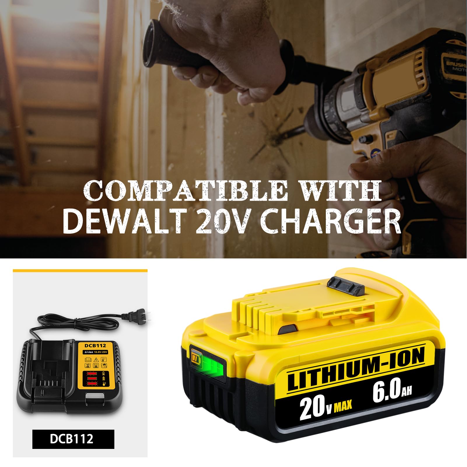 DCB200 6.0Ah 6Pack Battery Replacement for Dewalt 20V Max Battery Lithium Ion Compatible with Dewalt Battery DCB204 DCB206 DCB201 DCB203 DCD DCF DCG Series Cordless Power Tools