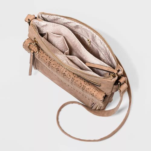 VR NYC Zip Closure Mosaic Design Laser Cut Crossbody Bag - Natural