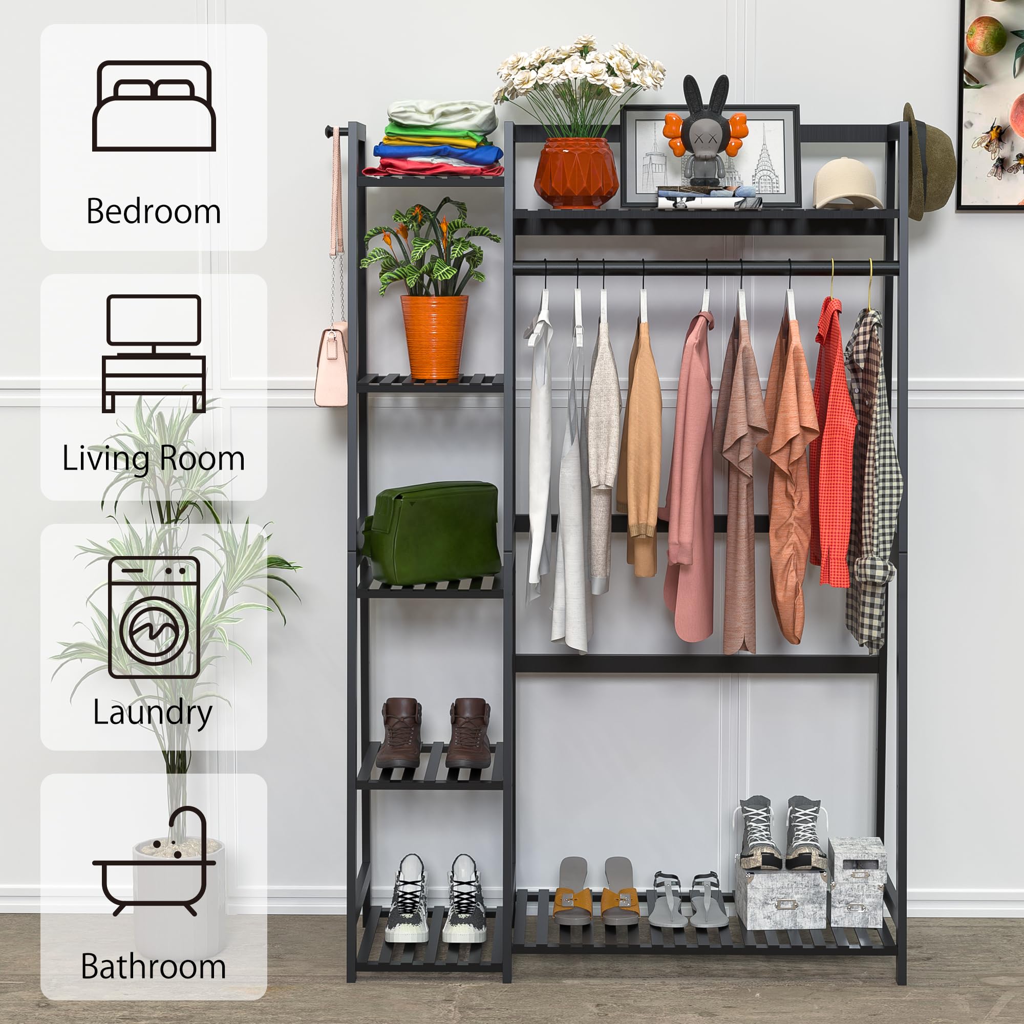 WTZ Clothes Rack for Hanging Clothes, Bamboo Garment Rack Heavy Duty Clothing Rack with Shelves for Living Room, Bedroom, Entryway, Bathroom (CR-538 White)