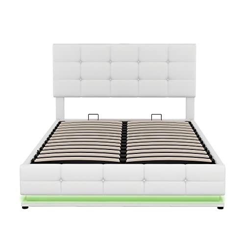 Full Size Lift Up Storage Bed/with Storage and LED Light Button Tufted Wingback adjustable headboard and USB Charger, Hydraulic Storage System for Kids Teens and Adults, No Box Spring Needed (White)