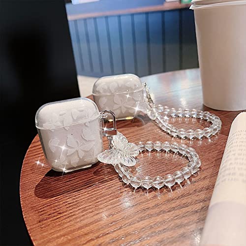 Ownest Compatible for AirPods Case, Cute Butterfly Pattern Clear Soft TPU Shockproof Cover Case Glitter with Keychain for Women Girls for AirPods 2&1-White