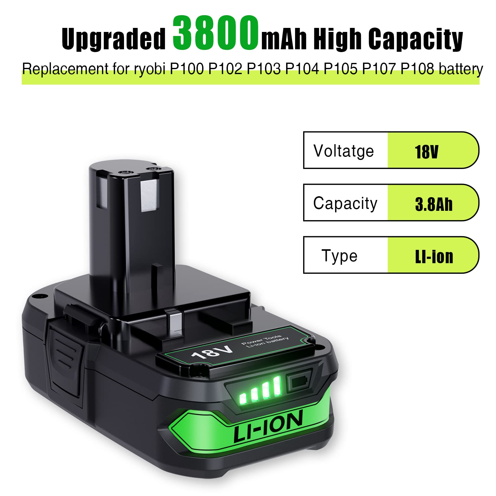 Boancell P108 18V 4.0Ah Lithium Battery Replacement for 18V Lithium Battery P102 P103 P105 P107 P108 P109 ONE+ Cordless Tool