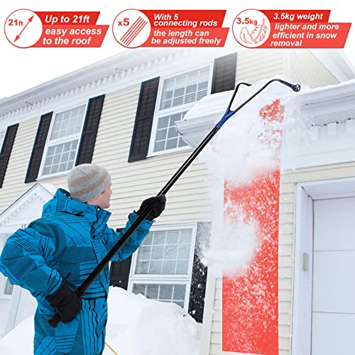 FIXM 6-21FT Roof Snow Rake with 19 inches Milling Cutter and 3 Inches Wheels, Durable Snow Roof Rake Snow Removal Tool with Slide for Pitched Roof and Shingle Roof