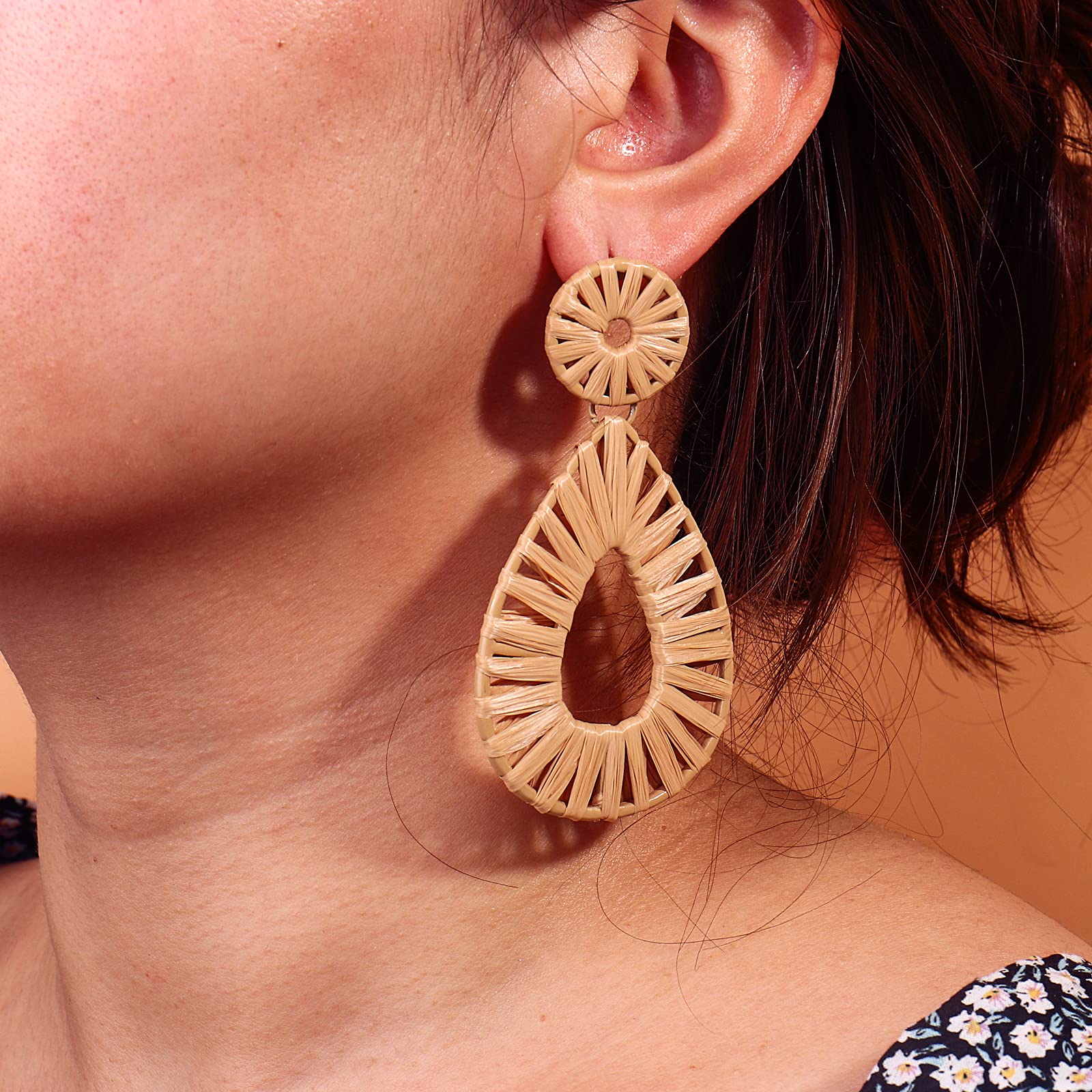 Boho Raffia Earrings Statement Teardrop Earrings Drop Dangle Bohemian Earrings for Women Cute Handmade Earring(Wheat)