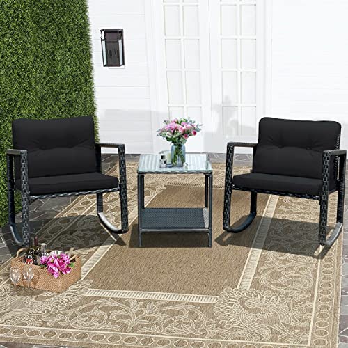 N/A 3PCS Patio Rattan Furniture Set Rocking Chairs Cushioned Sofa Black Rocking Chair