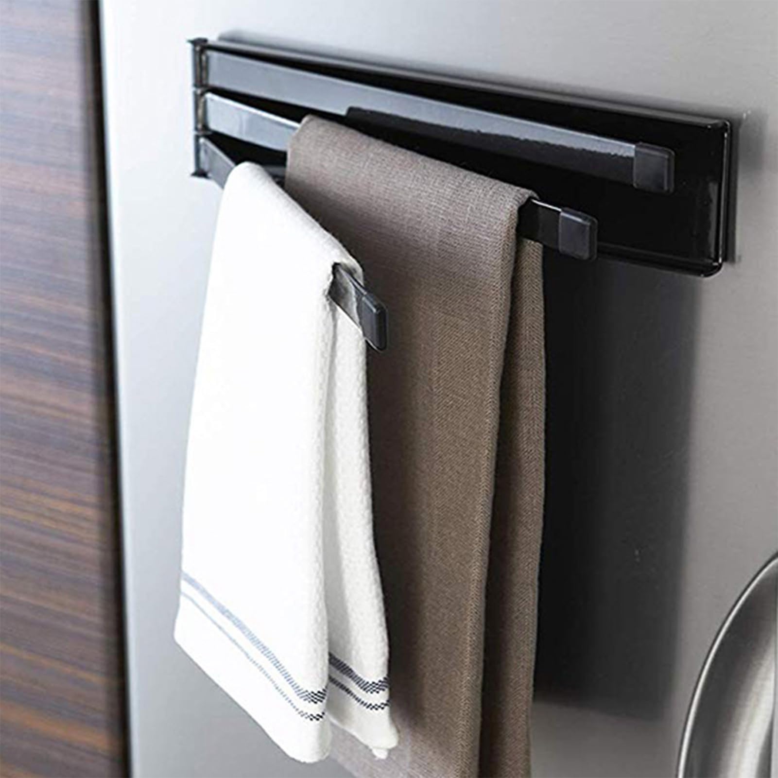RRXIMHTT Magnetic Towel Rail Wall Mounted Bathroom Folding Towel Drying Rack Kitchen Rag Hand Towel Storage Shelf Black