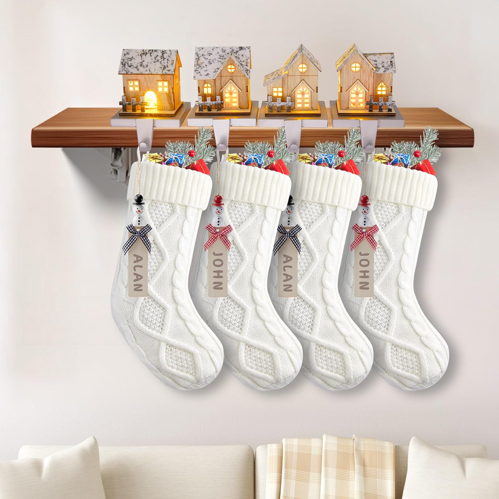 Christmas Stocking Holders for Mantle, Set of 4 Christmas Mantle Wood Room Stocking Hangers with Lights, Weighted Christmas Different Room Stocking Hooks for Fireplace Counter Window Decoration